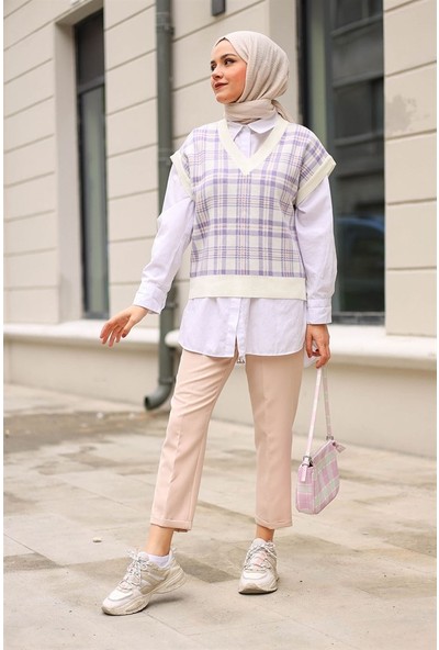 İlkimay Ekose Desen V Yaka Süveter - Beyaz