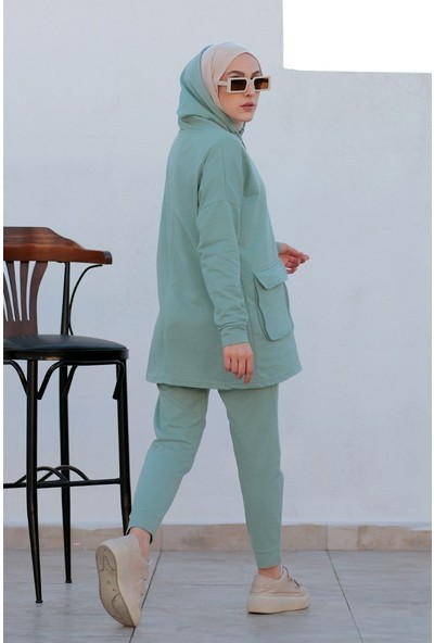 Bestenur Çift Kapak Cepli Kapüşonlu Iki Iplik Tunik Pantolon Ikili Takım 103 - Mint Bestenur Çift Kapak Cepli Kapüşonlu Iki Iplik Tunik Pantolon Ikili Takım 103 - Mint