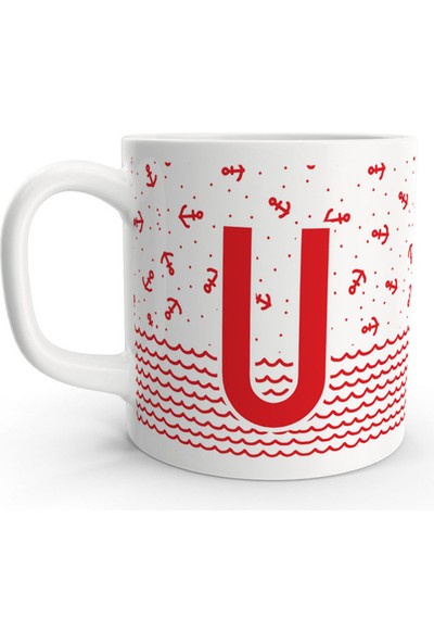Rock'n Fox U Harfi Denizci Kırmızı Çapa Tasarım Harfli Kupa Bardak