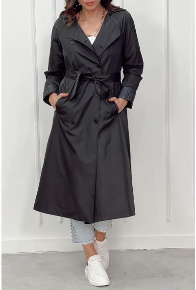 Derya Dindar Kadın Düğmeli Kol Katlamalı Trençkot Siyah Derya Dindar Kadın Düğmeli Kol Katlamalı Trençkot Siyah
