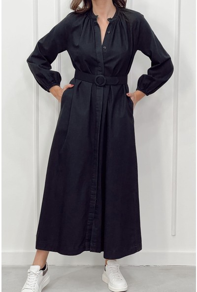 Derya Dindar Kadın Kemerli Uzun Denim Elbise Siyah Derya Dindar Kadın Kemerli Uzun Denim Elbise Siyah