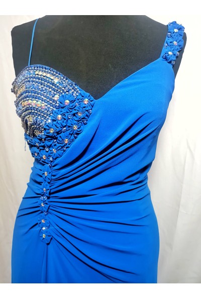 Gzd Butik Mavi Renk Sırtı Ipli Abiye Elbise