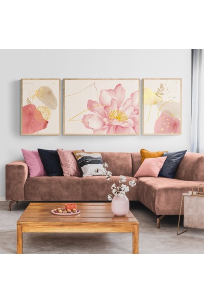 Tek Tablo Dekoratif Çiçek Desenli Çerçeveli Ahşap Tablo Seti