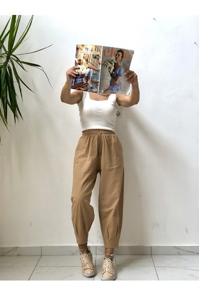 Gözde Tasarım Butik Paçası Pensli Beli Lastikli Krem Renk Pamuk Keten Jogger Pantolon