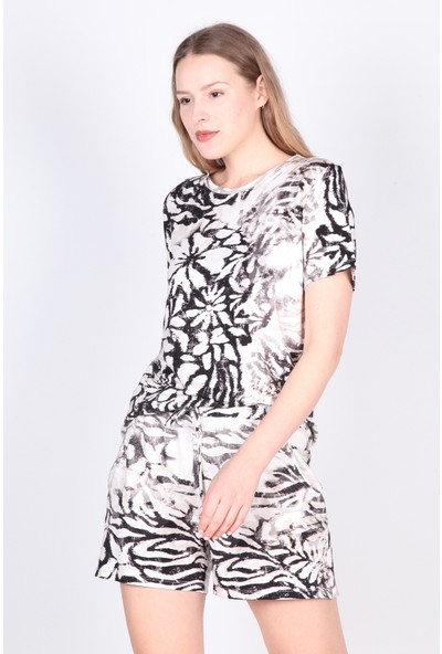 Siyah Desenli Örme Şort & Bermuda Takım