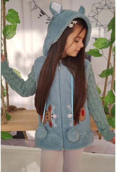 Yaren Kids Kız Çocuk Ponponlu Ayıcıklı Peluş Ceket