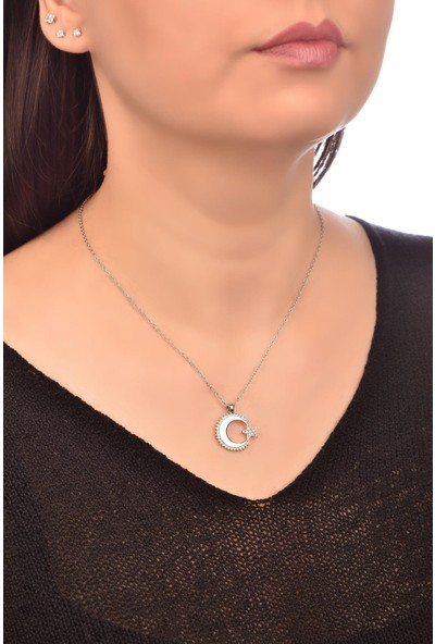 Mykonsept Ay Yıldız Zirkon Taş Gümüş Kolye