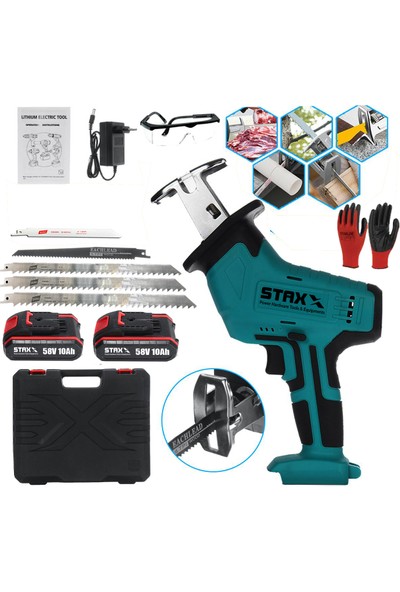 Staxx Power XT1058 Çift Akülü Şarjlı Dal Budama Tilki Kuyruğu Testere Makinası +5 Bıçak Gözlük Eldiven Staxx Power XT1058 Çift Akülü Şarjlı Dal Budama Tilki Kuyruğu Testere Makinası +5 Bıçak Gözlük Eldiven