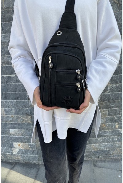 Purple Unisex Siyah Suya Dayanıklı Krinkıl Çapraz Askılı Vücut ve Bel Çantası Kırinkıl Body Bag