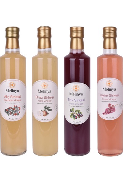 Melinya Fermente Alıç Sirkesi + Elma Sirkesi + Erik Sirkesi + Üzüm Sirkesi (500 ml 4 ) Cam Şişe Melinya Fermente Alıç Sirkesi + Elma Sirkesi + Erik Sirkesi + Üzüm Sirkesi (500 ml 4 ) Cam Şişe