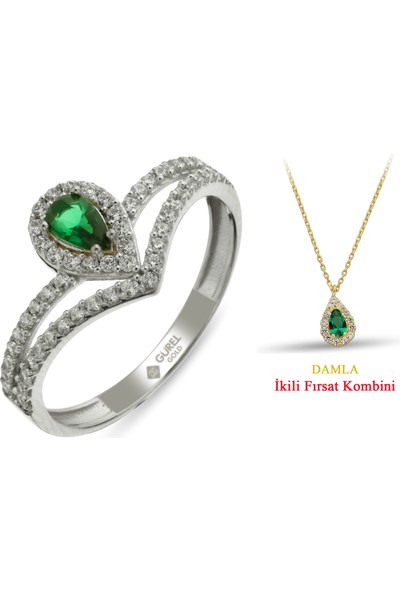 ÇGK KUYUMCULUK Yeşil Damla Taşlı Altın Yüzük Ikili Fırsat Sevgililer Günü Kombini ZY0278