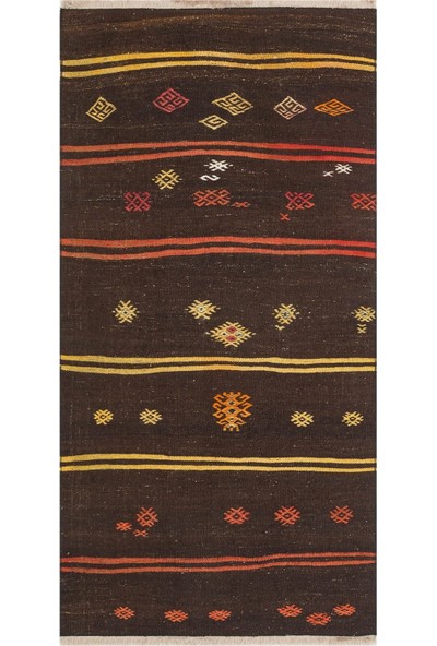 Çam Halı Siyah Renk Sarı Turuncu Çiçekli Vintage KILIM-100X200 Çam Halı Siyah Renk Sarı Turuncu Çiçekli Vintage KILIM-100X200
