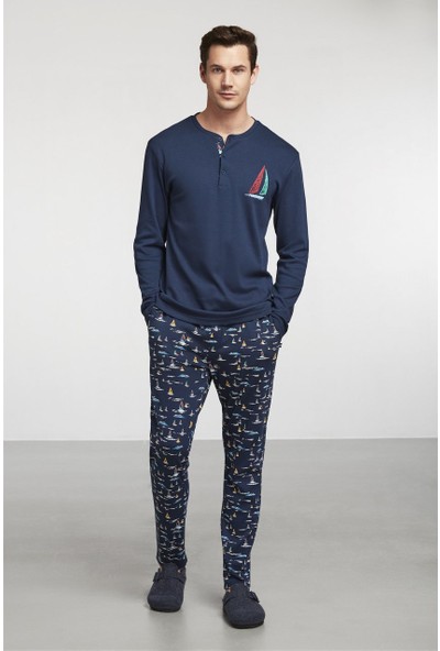 Nautica Lacivert Yaka Detaylı Örme Pijama Takım