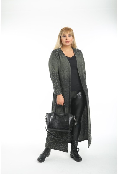 mezura Kadın Büyük Beden Sonbahar / Kış Desenli Jakar Uzun Hırka Kaban