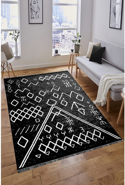 Voho Tekstil Çift Taraflı Dokuma Kilim - Siyah Beyaz Renk Doğal Kaya Desenli
