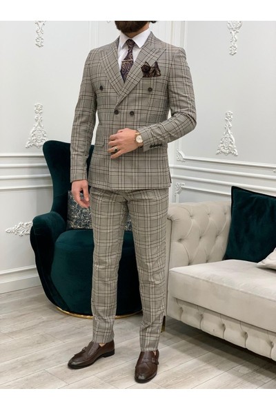 Parez Slim Fit Ekoseli Kruvaze Takım Elbise