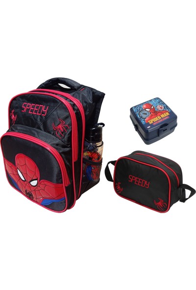 Ewason Örümcek Adam Ilk Okul Çantası + Beslenme Çantası + Suluk + Beslenme Kabı ( 4'lü Okul Seti )
