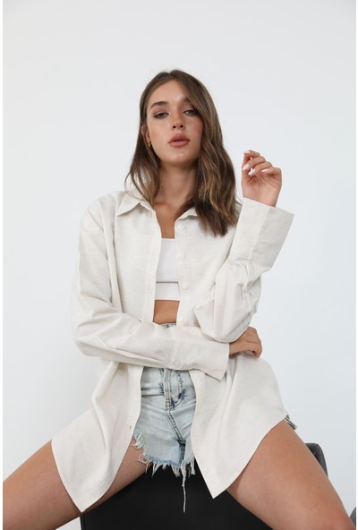 Turuncumsu Kadın Oversize Naturel Keten Gömlek