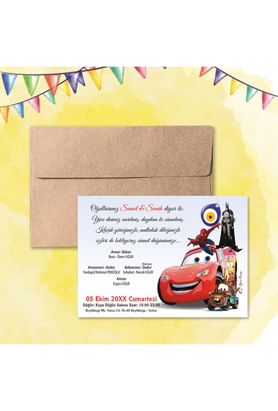 Otuz9 Reklam Yaren Davetiye Davetiye Sünnet Düğün Nişan Nikah Kına Kraft Zarflı 100 Adet