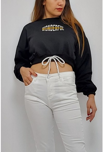 Zuda Shoop Baskılı Önden Bağlamalı Sweatshirt Siyah