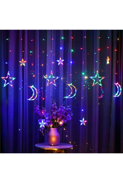 Alkese Ay Yıldız Saçak Perde Rgb LED Işık Animasyonlu Fişli Alkese Ay Yıldız Saçak Perde Rgb LED Işık Animasyonlu Fişli