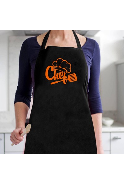 Beam Siyah Chef Aşçı Şef Mutfak Önlüğü Turuncu Baskılı