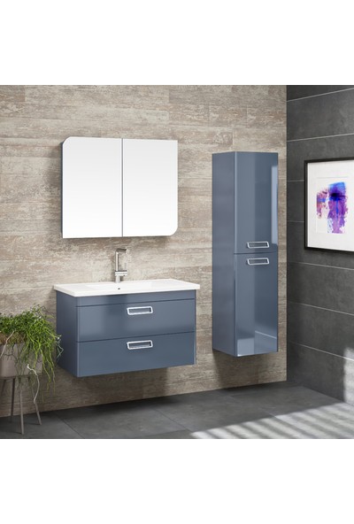 Alfa Banyo Perla (65+35) 100 cm Boy Dolaplı Lüx Banyo Takımı Antrasit