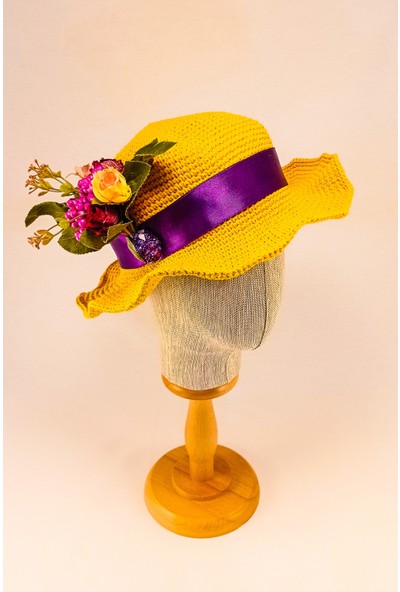 Troya Kadın Sarı Pamuk Iplik El Örgüsü Şapka