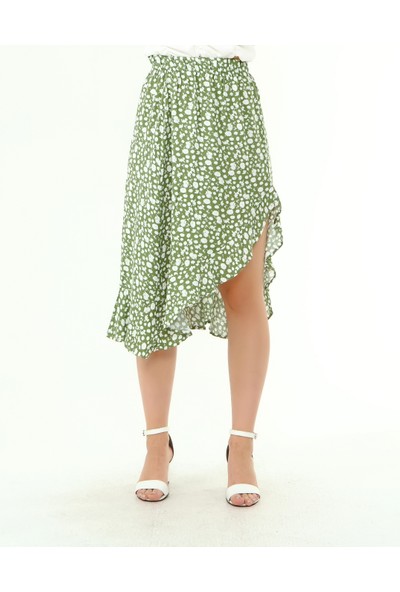 Tales Butik Kadın Haki Çiçek Desenli Volanlı Yırtmaçlı Etek Tales Butik Kadın Haki Çiçek Desenli Volanlı Yırtmaçlı Etek
