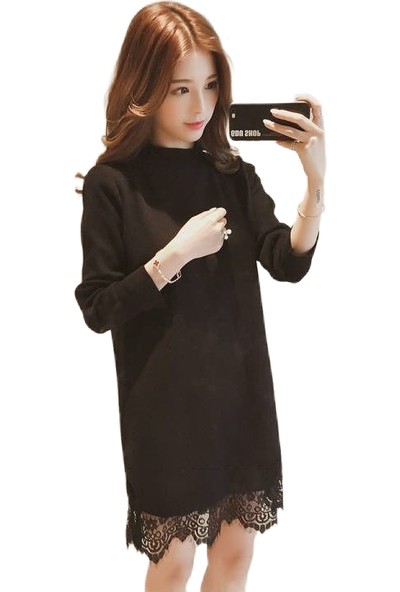 Bayanlar Siyah Taklit Örme Elbise Sonbahar ve Kış Dibe Gömlek Orta Uzunlukta Kadın Gevşek-Siyah