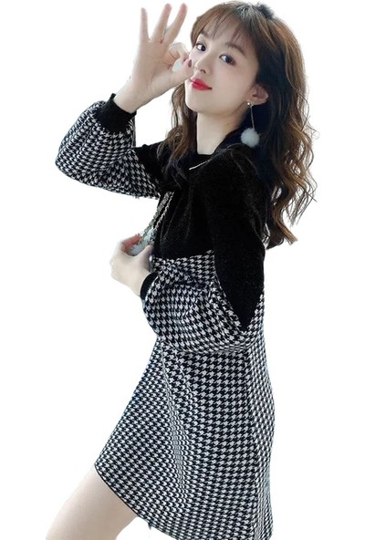 Gogoo Sonbahar ve Kış Elbisesi Bayanlar Sonbahar Uzun Kollu Balıksırtı Dikiş Kış Küçük Etek-Siyah (Yurt Dışından)