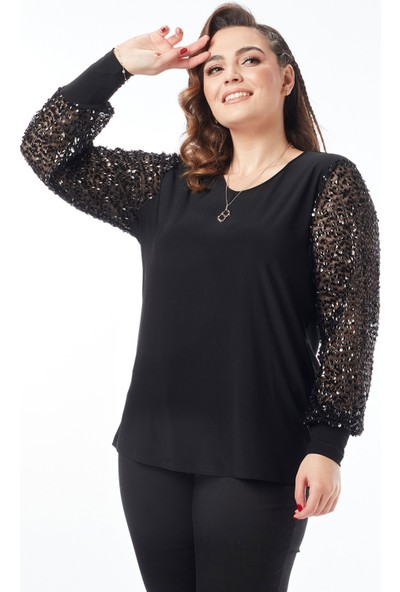 Moda Alba Siyah Kolu Pullu Esnek Büyük Beden Tarz Şık Bluz Moda Alba Siyah Kolu Pullu Esnek Büyük Beden Tarz Şık Bluz