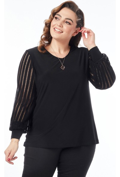 Moda Alba Siyah Kolu Çizgili Esnek Triko Büyük Beden Şık Bluz Moda Alba Siyah Kolu Çizgili Esnek Triko Büyük Beden Şık Bluz