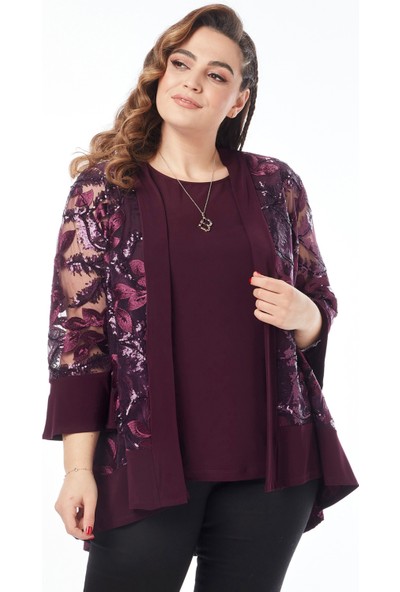 Moda Alba Mürdüm Payet Işlemeli Tarz Büyük Beden Ceket Atlet Takım Moda Alba Mürdüm Payet Işlemeli Tarz Büyük Beden Ceket Atlet Takım