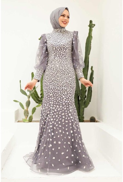 Neva Style Tesettürlü Abiye Elbise - Desenli Balık Lila Tesettür Abiye Elbise 952LILA