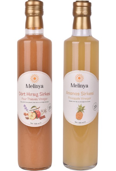 Melinya Doğal Fermente Dört Hırsız Sirkesi 500 ml + Ananas Sirkesi 500 ml Cam Şişe Melinya Doğal Fermente Dört Hırsız Sirkesi 500 ml + Ananas Sirkesi 500 ml Cam Şişe