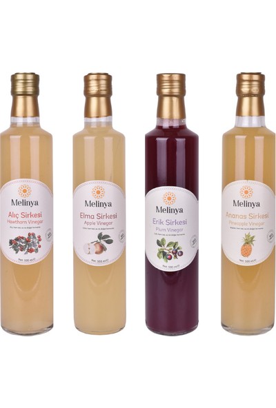 Melinya Doğal Fermente Alıç Sirkesi + Elma Sirkesi + Erik Sirkesi + Ananas Sirkesi (500 ml 4 Adet ) Cam Şişe Melinya Doğal Fermente Alıç Sirkesi + Elma Sirkesi + Erik Sirkesi + Ananas Sirkesi (500 ml 4 Adet ) Cam Şişe