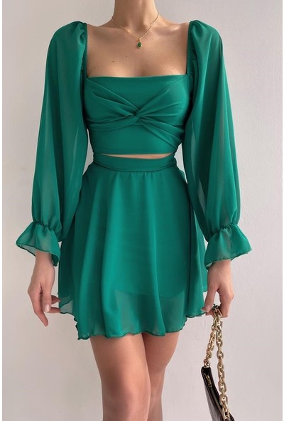 Eka Kadın Yeşil Bel Detaylı Tül Elbise 0990-212045 Eka Kadın Yeşil Bel Detaylı Tül Elbise 0990-212045