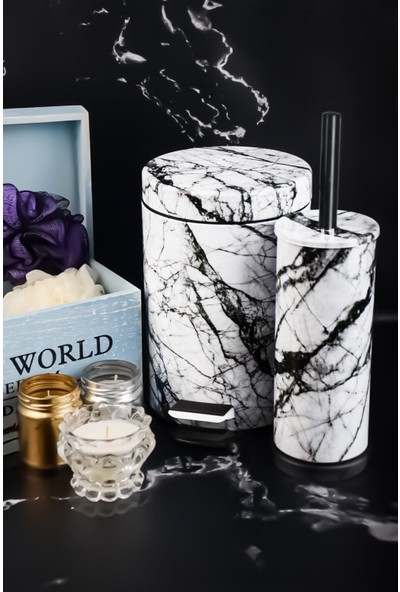 Growmet Mermer Desenli Metal Beyaz Ikili Banyo Seti Çöp Kovası ve Tuvalet Fırçası Growmet Mermer Desenli Metal Beyaz Ikili Banyo Seti Çöp Kovası ve Tuvalet Fırçası