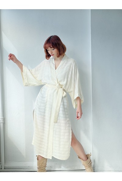 Retrobird Keten Karışımlı Uzun Kimono Kadın Krem