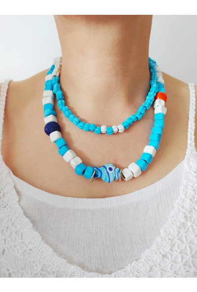 Troya Bodrum Cam Boncuk Balıklı Ikili Kolye