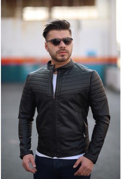 Dar Kesim Göğüs Detaylı Erkek Deri Ceket Mont