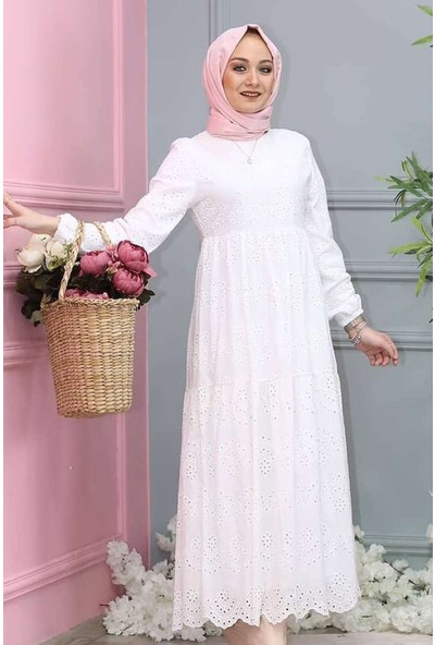 Lugmo Güpürlü Elbise Boydan Astarlı Pamuk Kumaş Beyaz