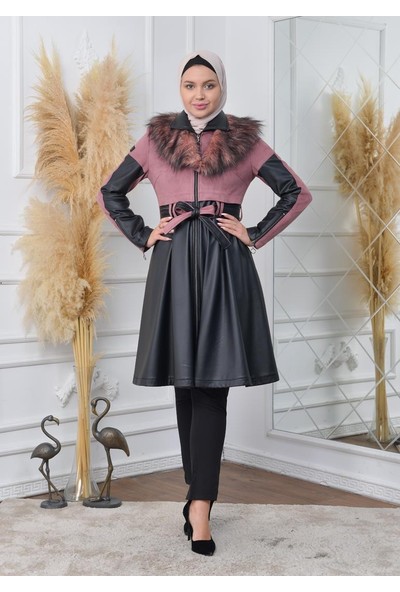 Kadın Kürklü Yaka Süetli Fermuarlı Deri Kap 4352