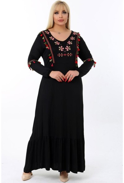 Kheos V Yaka Püsküllü Eteği Fırfırlı Uzun Kol Nakışlı Tam Boy Elbise Kheos V Yaka Püsküllü Eteği Fırfırlı Uzun Kol Nakışlı Tam Boy Elbise