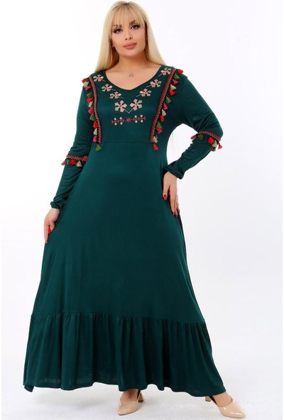 Kheos V Yaka Püsküllü Eteği Fırfırlı Uzun Kol Nakışlı Tam Boy Elbise Kheos V Yaka Püsküllü Eteği Fırfırlı Uzun Kol Nakışlı Tam Boy Elbise