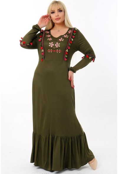 Kheos V Yaka Püsküllü Eteği Fırfırlı Uzun Kol Nakışlı Tam Boy Elbise Kheos V Yaka Püsküllü Eteği Fırfırlı Uzun Kol Nakışlı Tam Boy Elbise