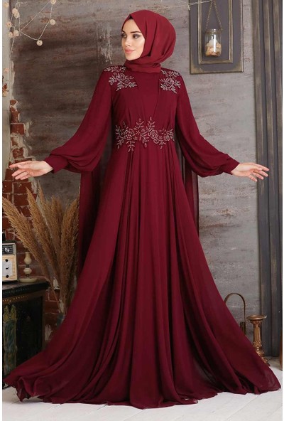 Neva Style - Pelerinli Bordo Tesettür Abiye Elbise 9130BR