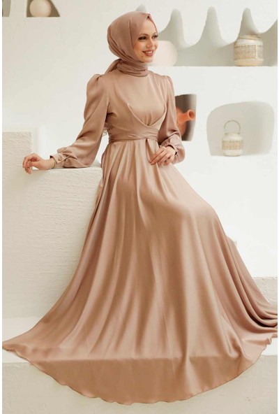 Neva Style Tesettürlü Abiye Elbise - Bağlama Detaylı Bej Tesettür Abiye Elbise 3064BEJ