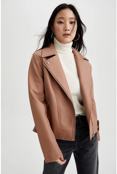 DeFacto Regular Fit Suni Deri Su İtici Biker Ceket V3825AZ22SP